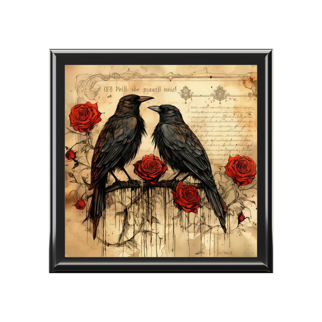 Corvid Couple Jewelry Box, Keepsake Box Wood & Ceramic Tile Top Darkly ...