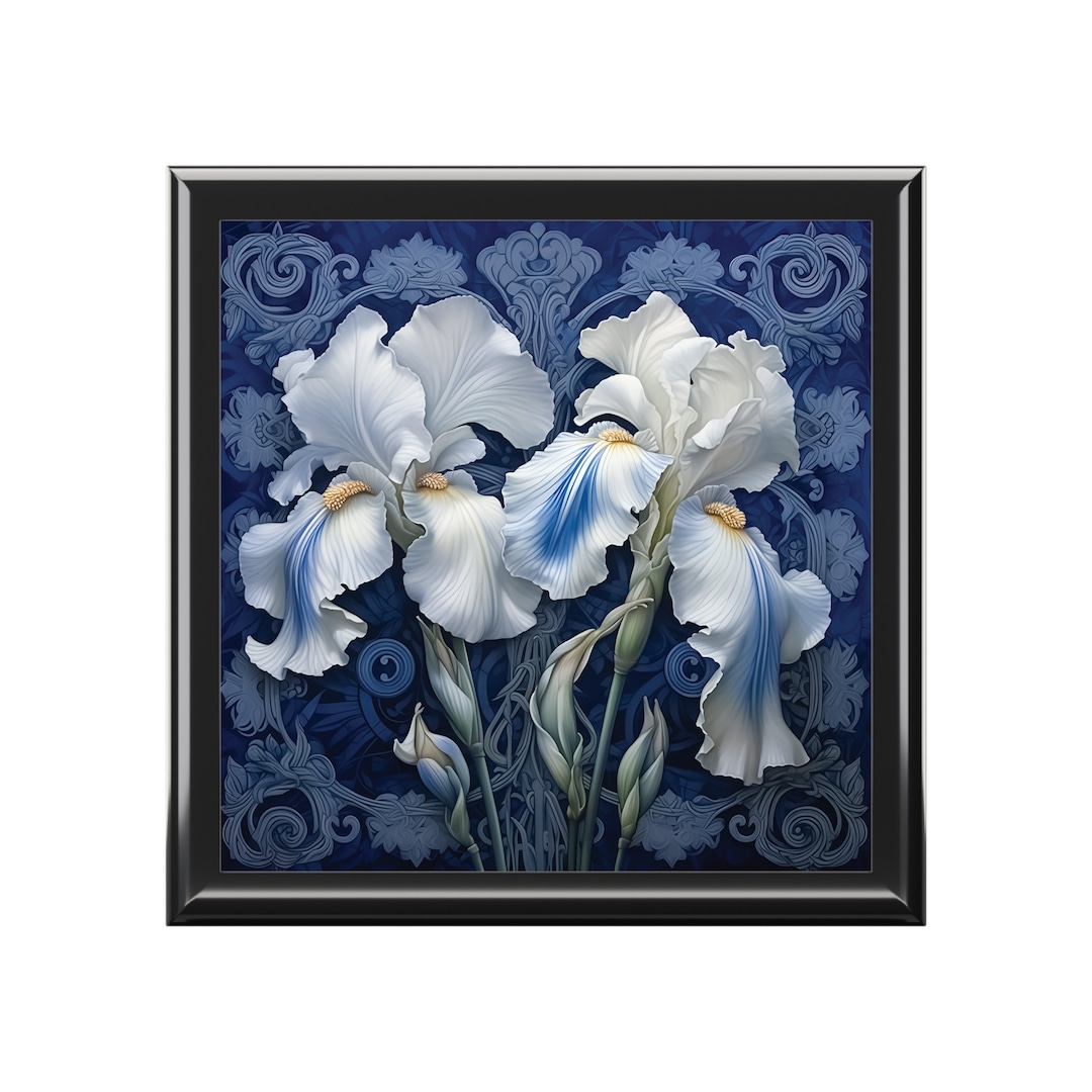 Iris Jewelry Keepsake Box - Wood & Ceramic Tile Top - White Iris on ...