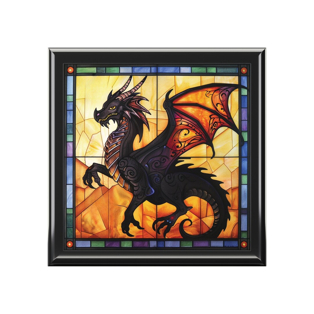 Medieval Dragon Jewelry Keepsake Box - Wood & Ceramic Tile Top - Black ...