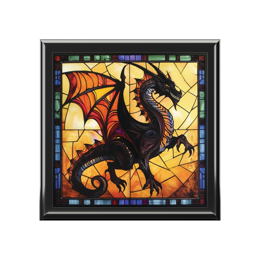 Medieval Dragon Jewelry Keepsake Box - Wood & Ceramic Tile Top - Black ...