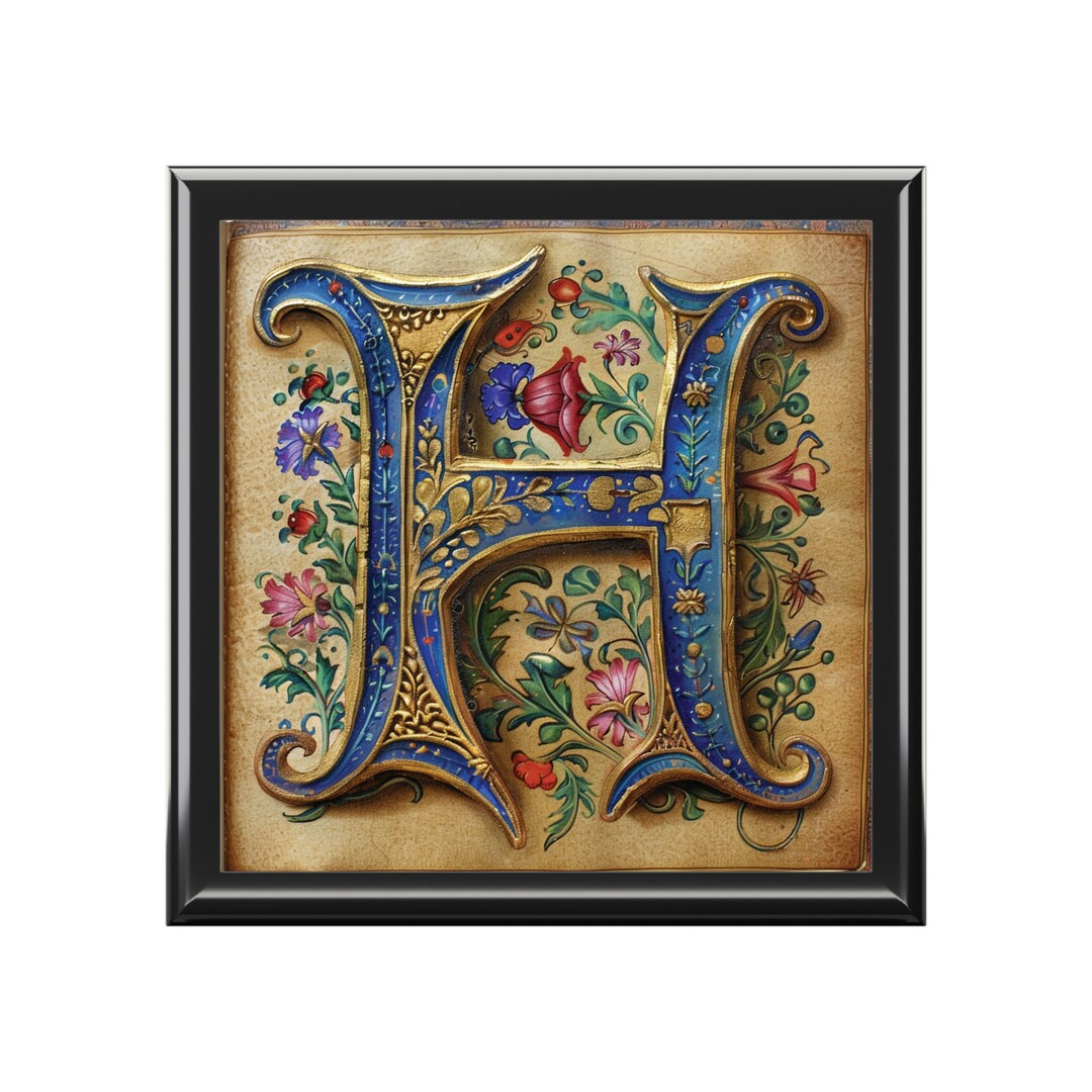Medieval H Jewelry Keepsake Box - Wood & Ceramic Tile Top - Initial ...