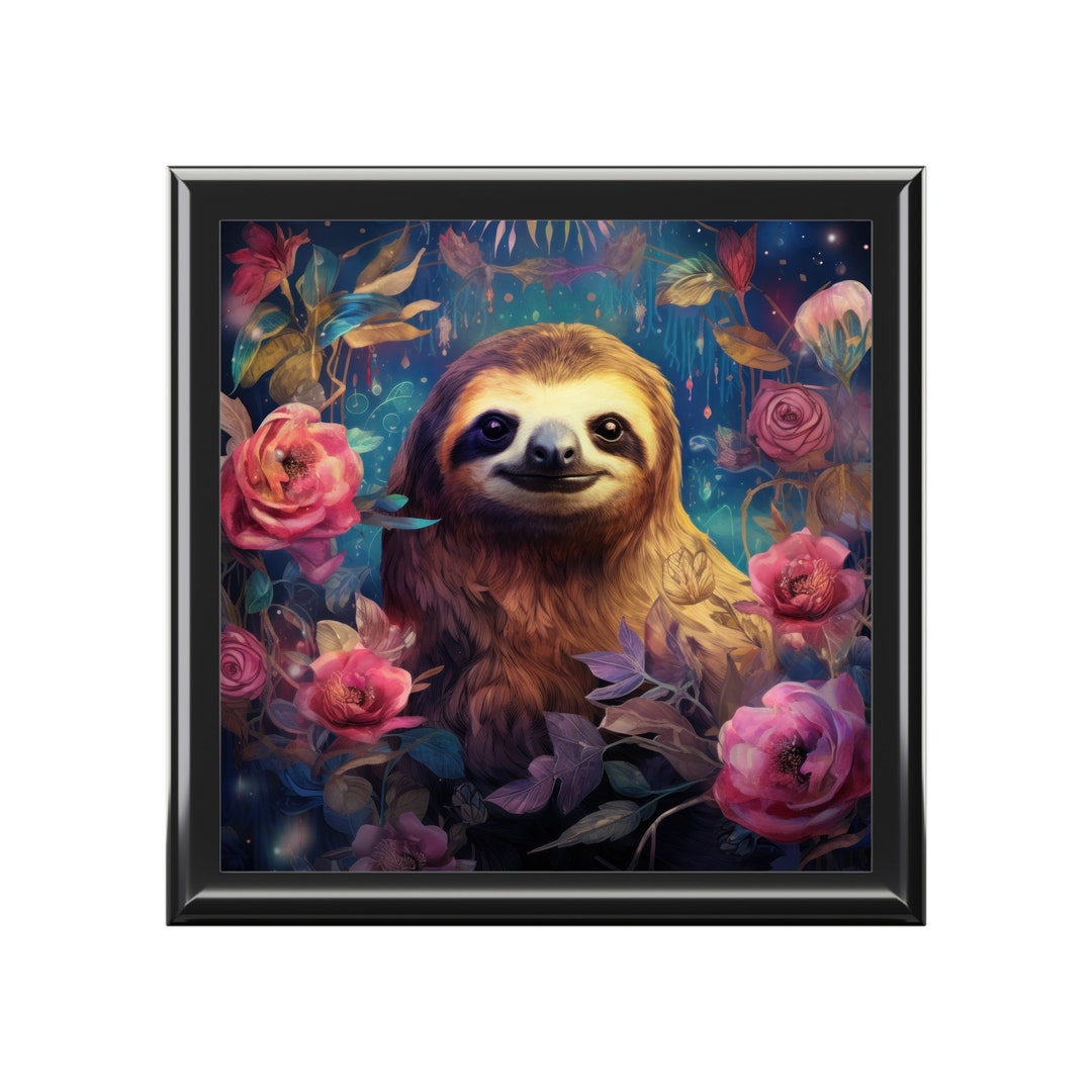 Spirit Sloth Floral Jewelry Keepsake Box Wood & Ceramic Tile Top Sloth ...