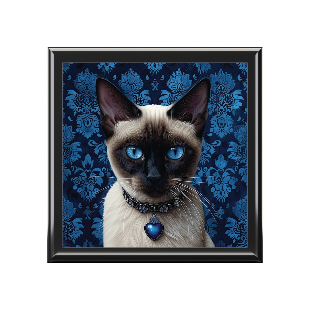 Siamese Cat Jewelry Keepsake Box - Wood & Ceramic Tile Top - Blue ...