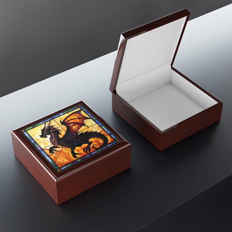 Medieval Dragon Jewelry Keepsake Box - Wood & Ceramic Tile Top - Black ...