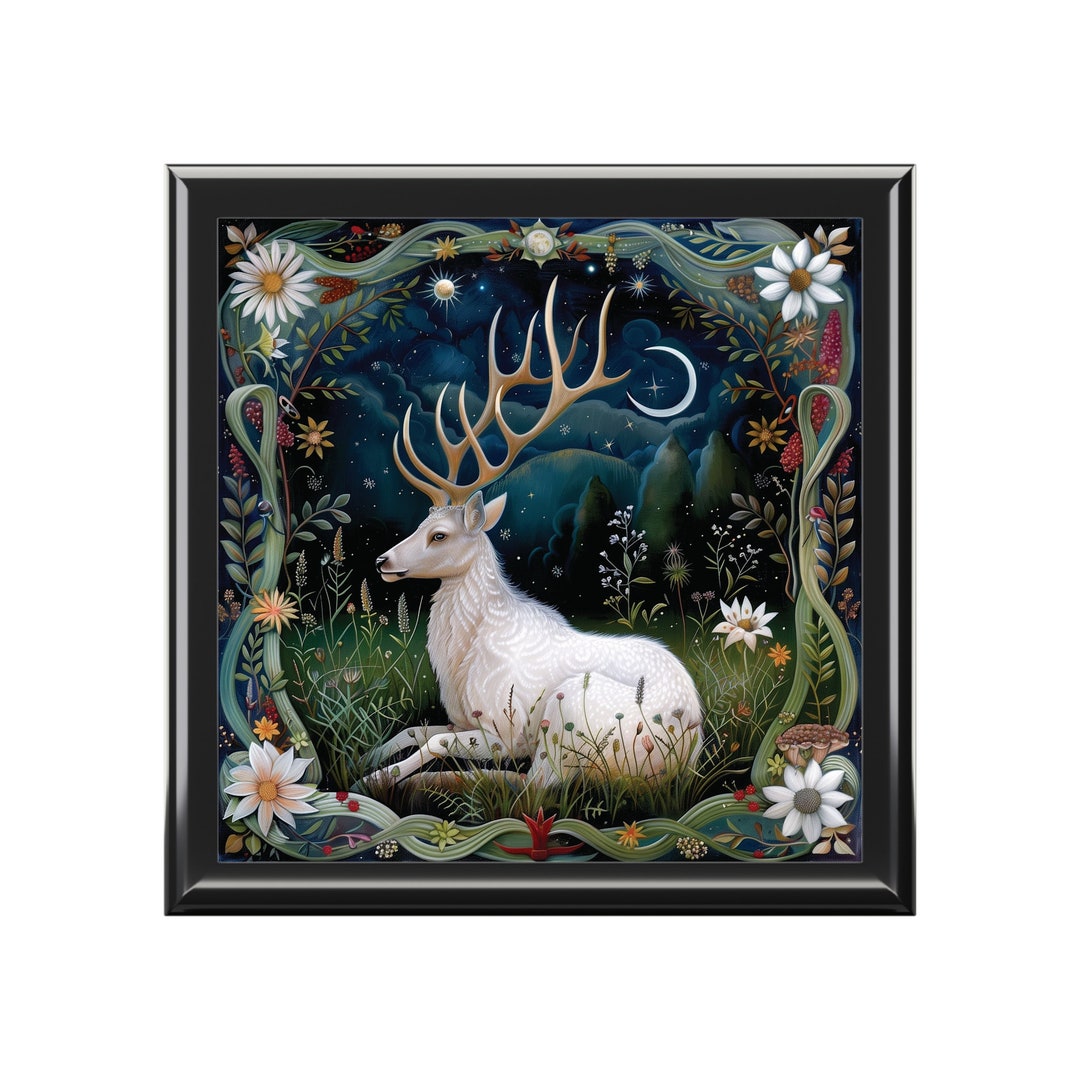 White Stag Jewelry Keepsake Box - Wood & Ceramic Tile Top - White ...
