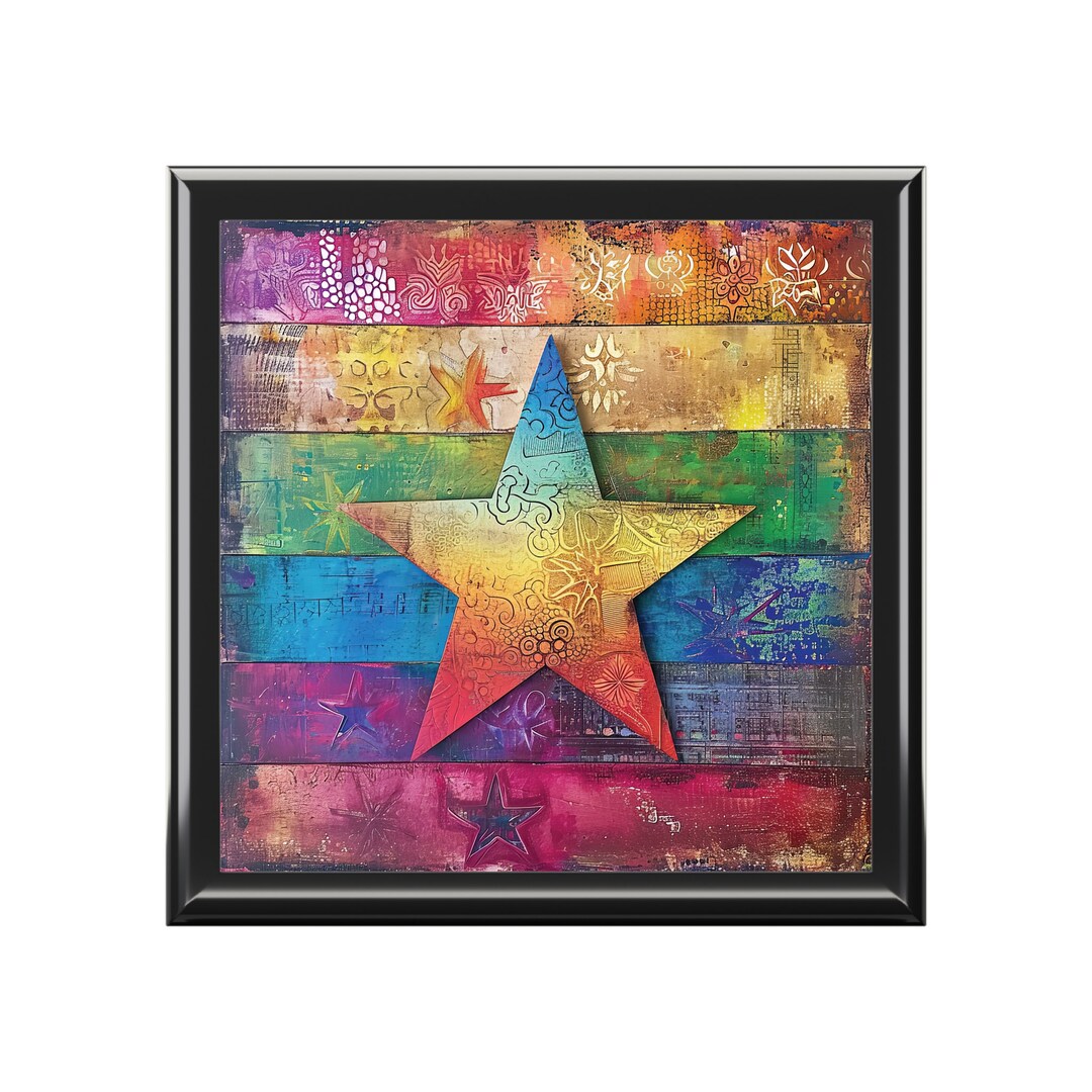 Rainbow Star Jewelry Keepsake Box - Wood & Ceramic Tile Top - Five ...