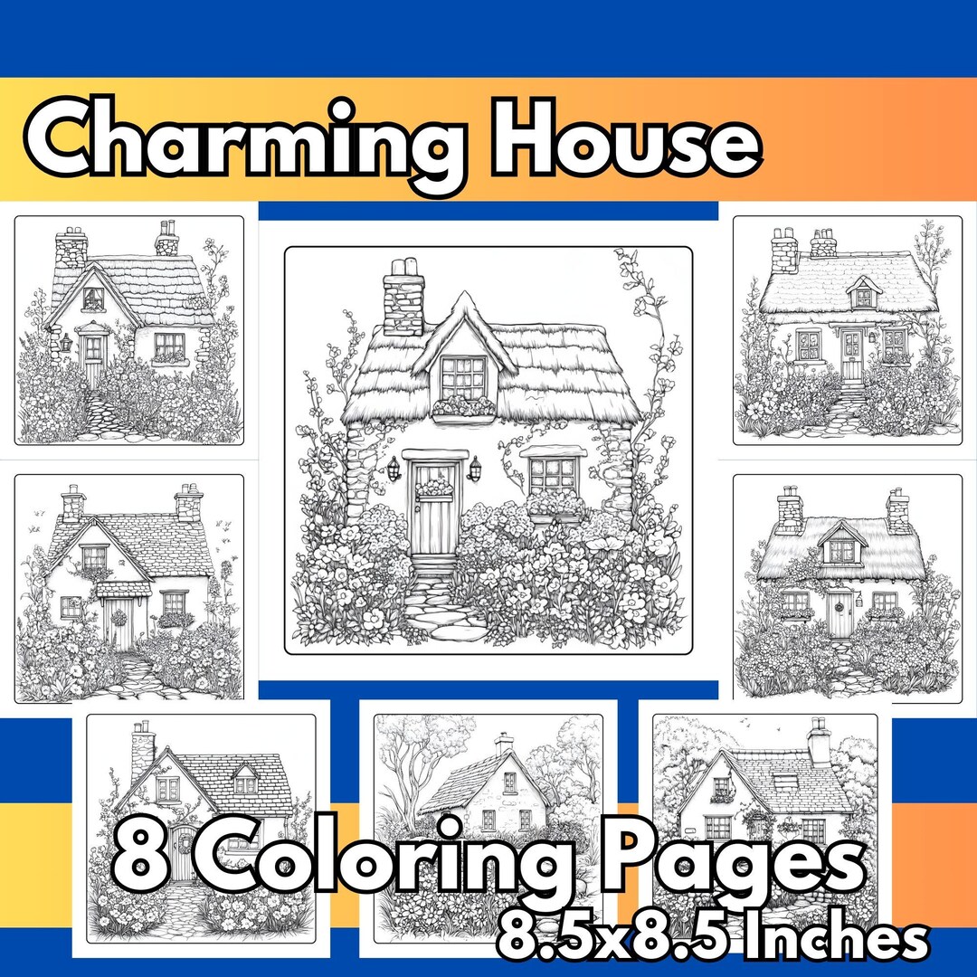 8 Charming House Coloring Pages – Printable Country House Art / 8.5x8.5 ...