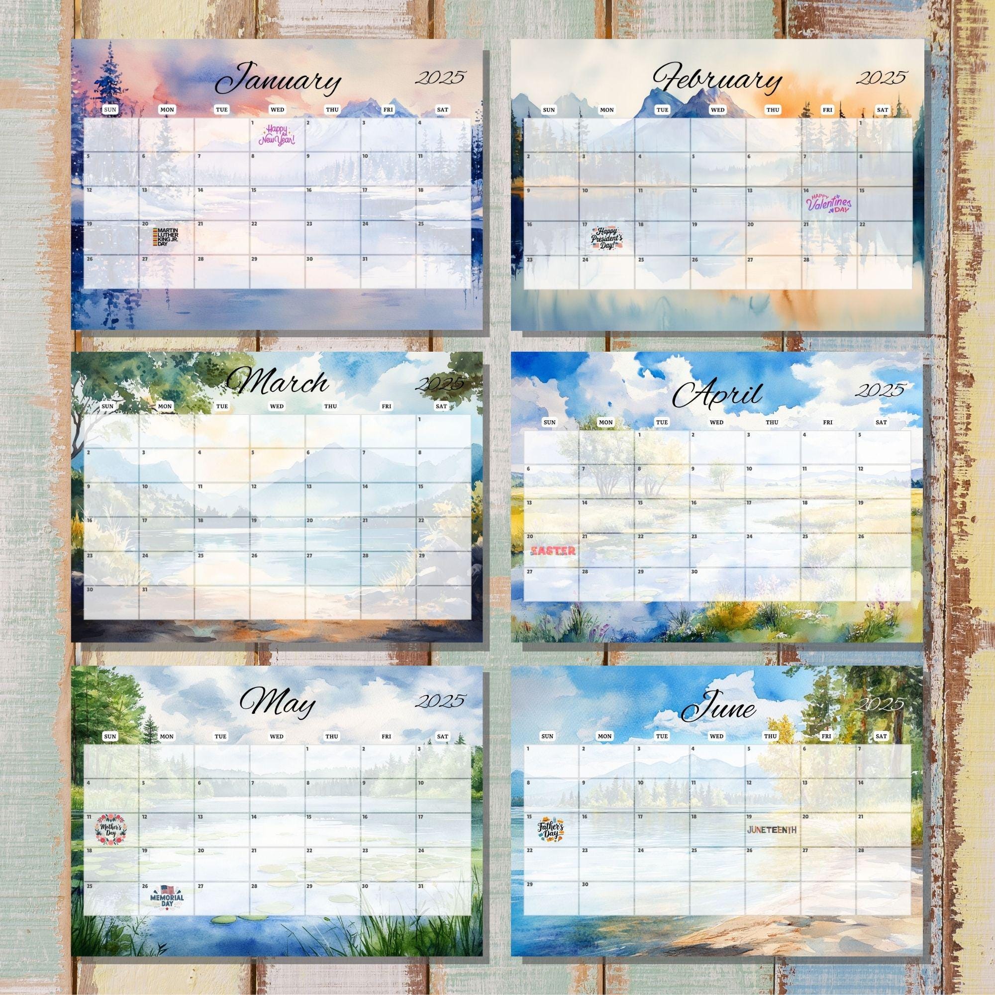 2025 Printable Calendar Watercolor Lake Landscape / A4 8.27 11.69 ...