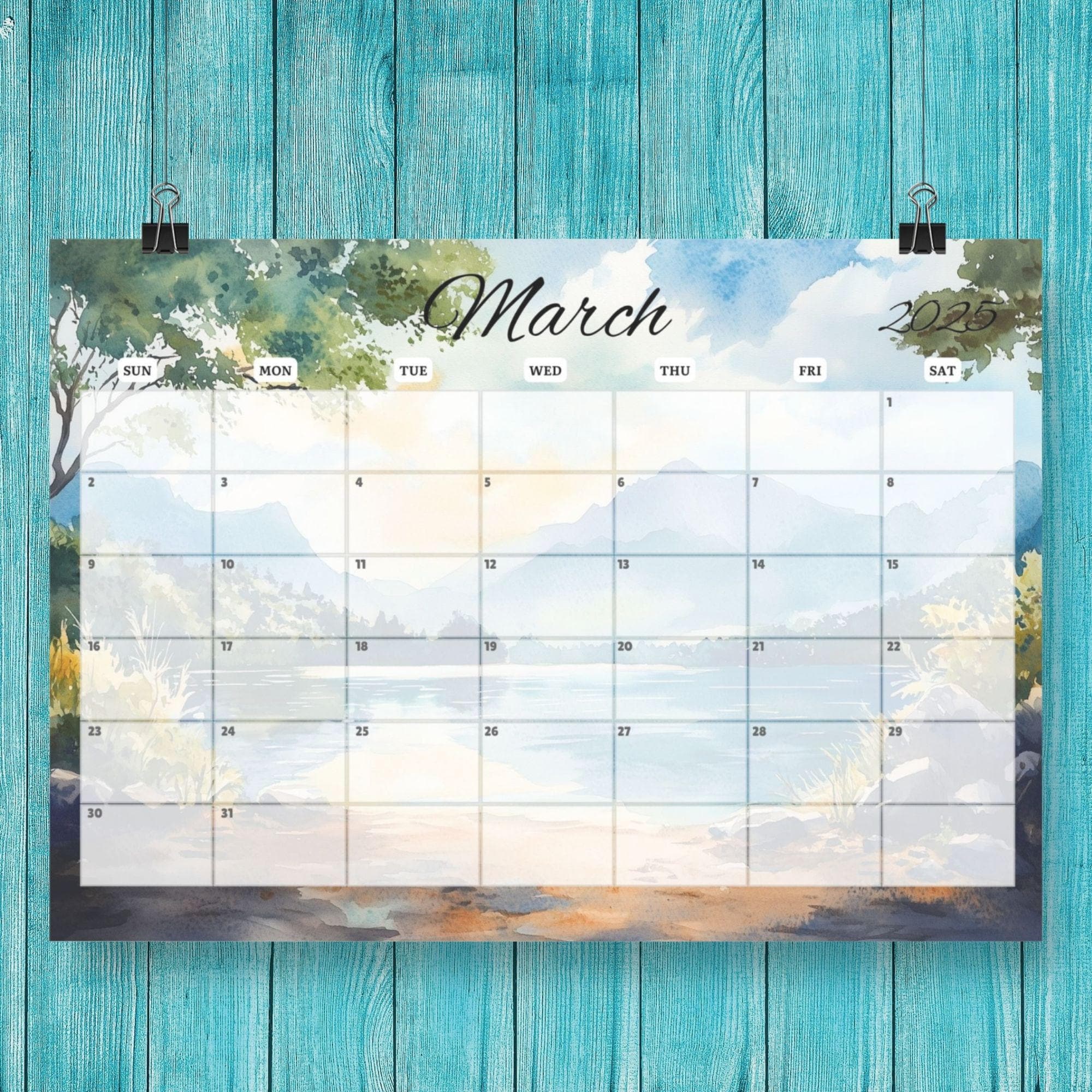 2025 Printable Calendar Watercolor Lake Landscape / A4 8.27 11.69 ...