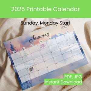 2025 Printable Calendar - Watercolor Lake Landscape / A4 (8.27 × 11.69 ...