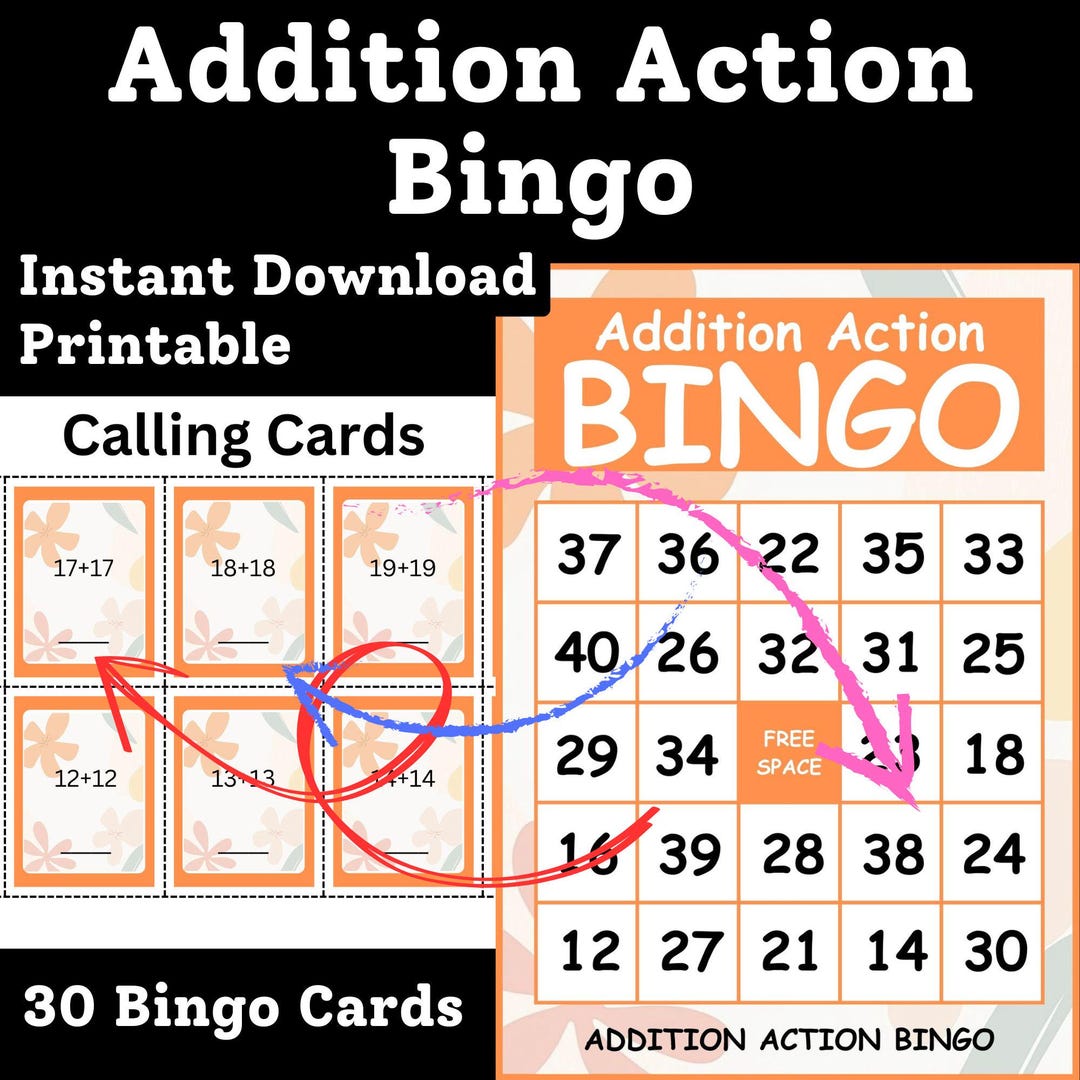Addition Action Bingo – Printable Math Game / 30 Unique Bingo Cards in ...