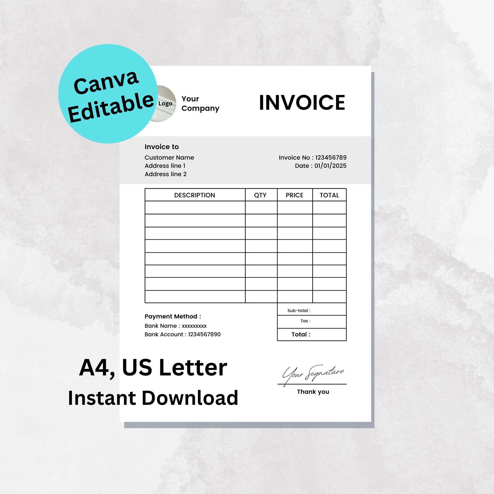 Editable Invoice Template, Printable Invoice Template, Canva Template ...