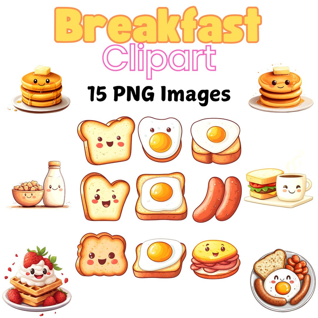 Cute Cartoon Breakfast Clipart Set – 15 PNG Images With Transparent ...