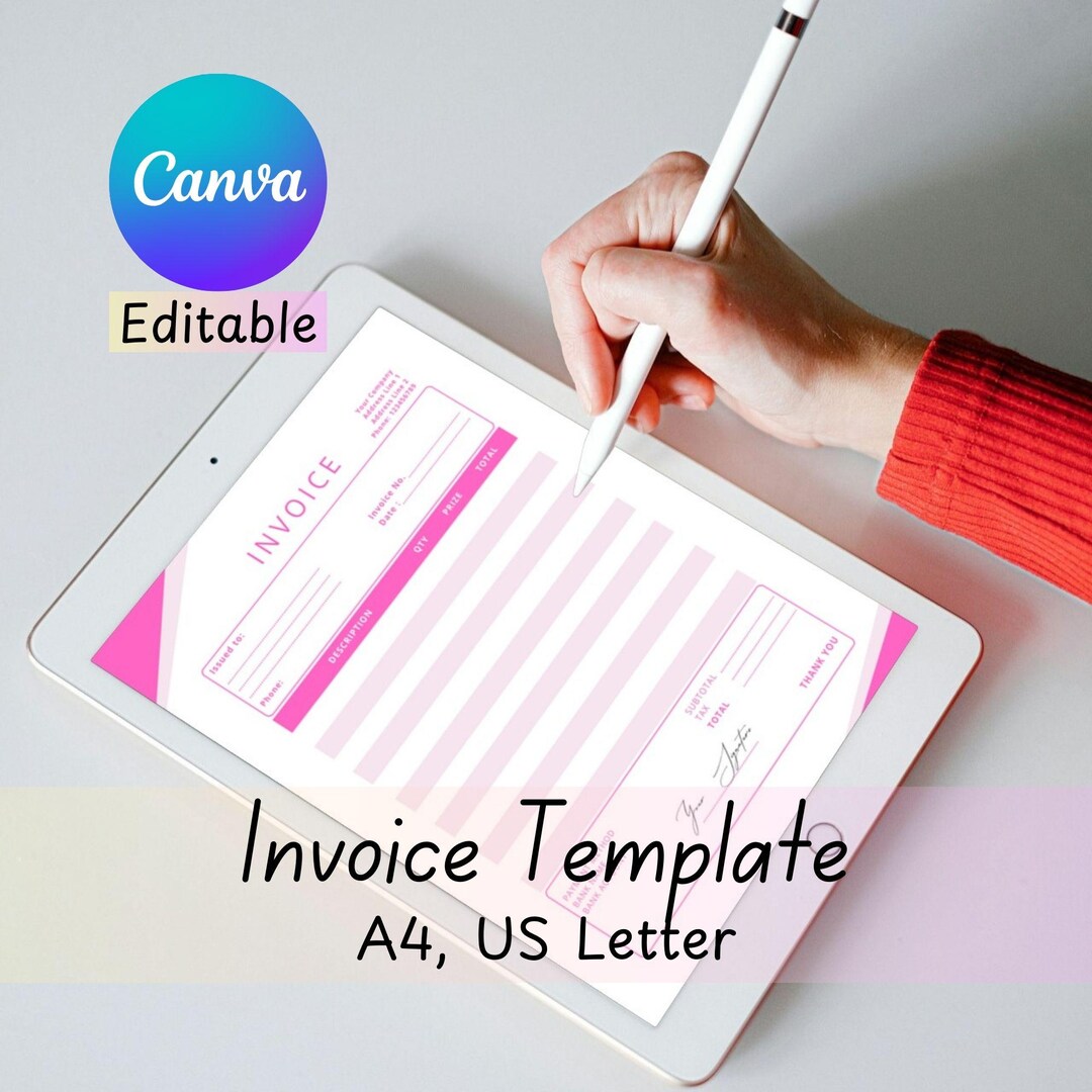 Invoice Template Pink Color, Editable in Canva, Printable, Sizes A4 and ...