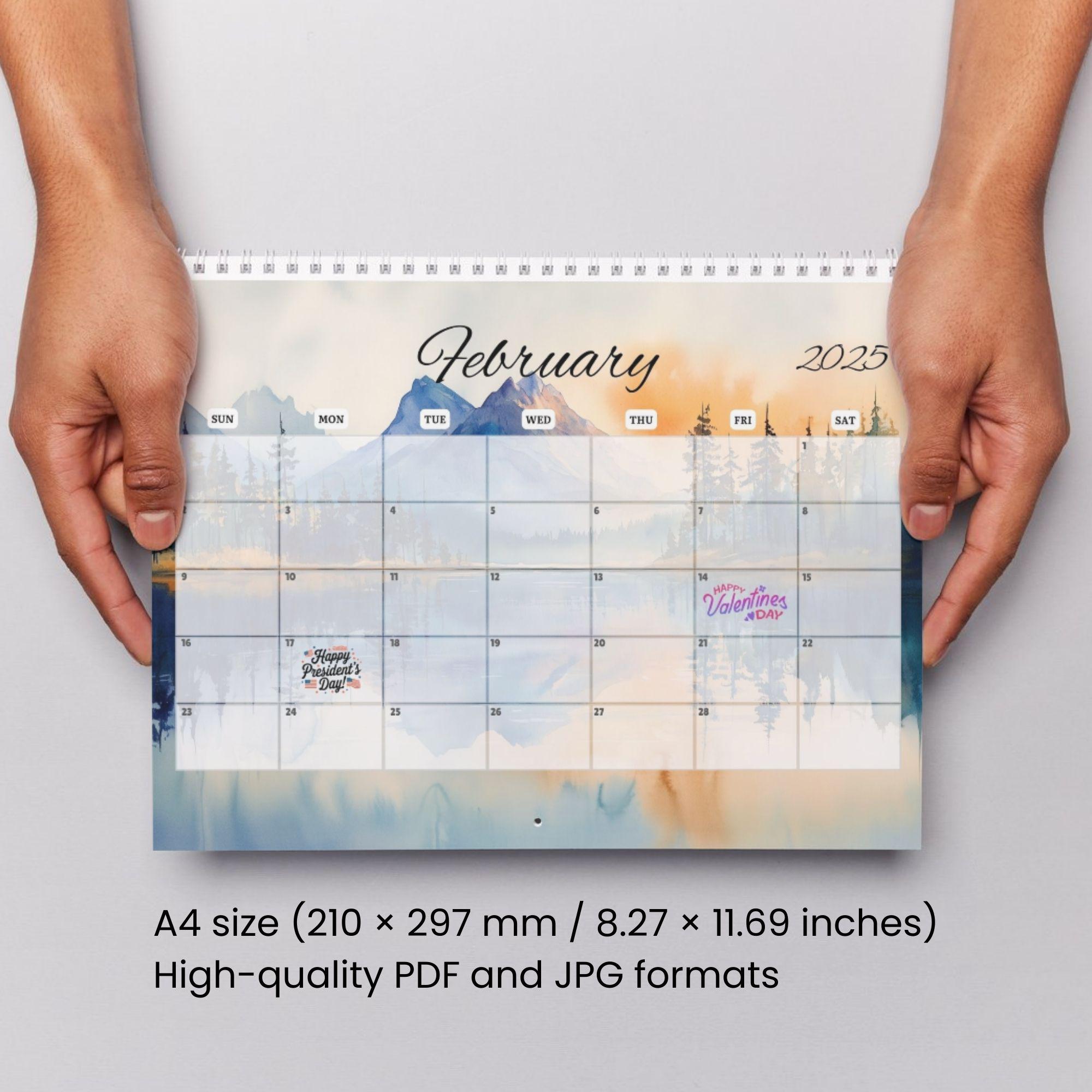 2025 Printable Calendar Watercolor Lake Landscape / A4 8.27 11.69 ...