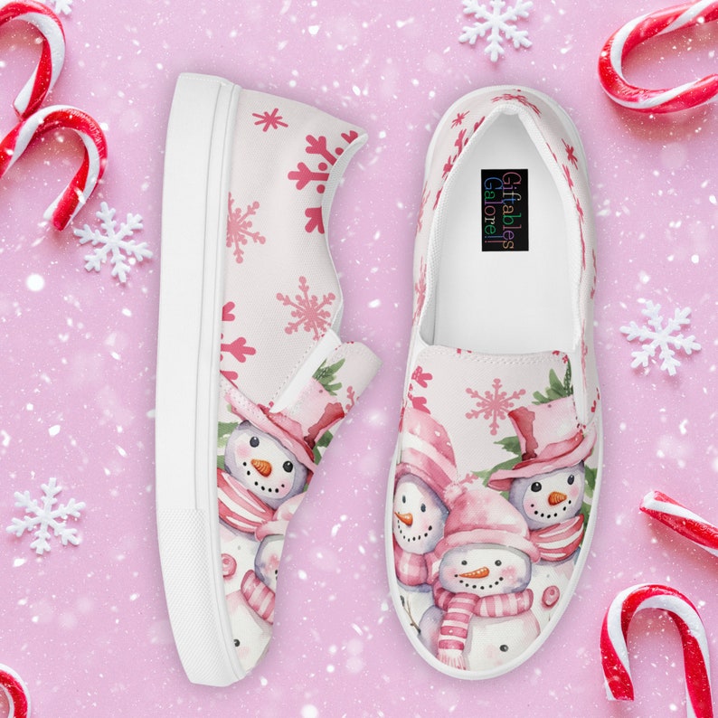 Christmas Canvas Slip on Shoes Holiday Footwear Festive Pink Snowman ...