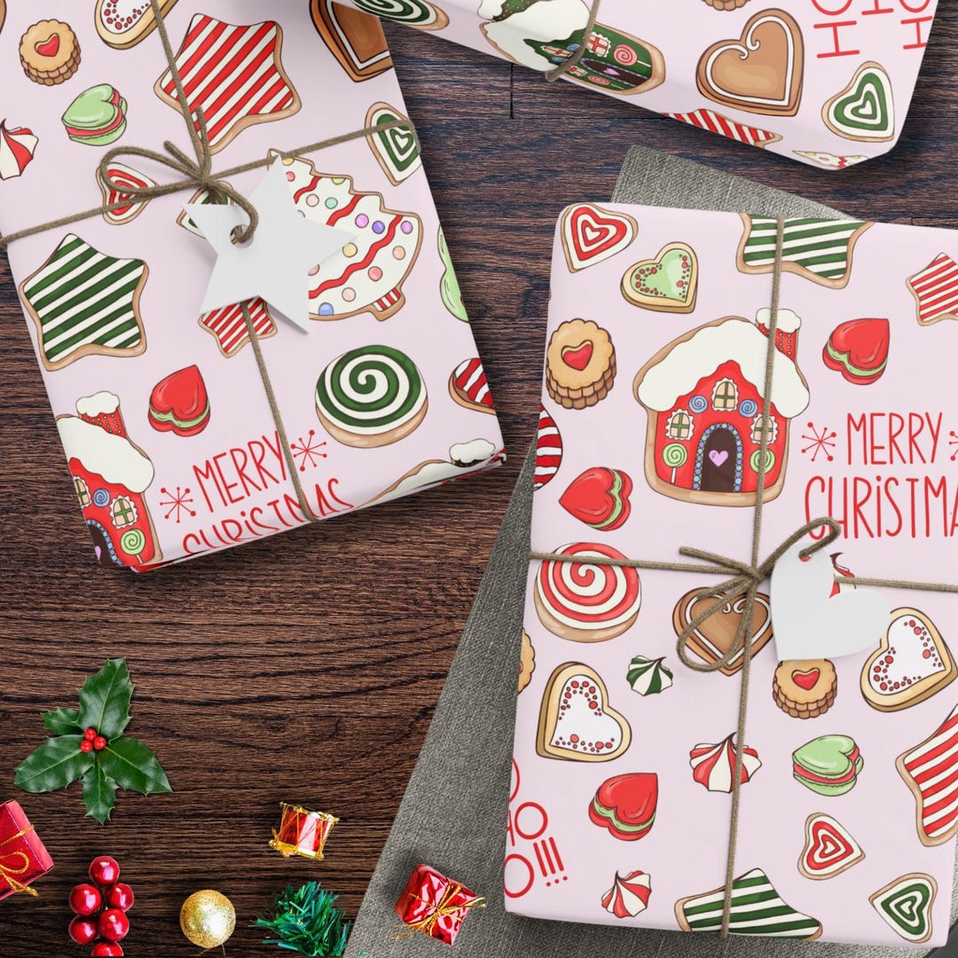 Gingerbread Cookie Christmas Wrapping Paper: Pink & Red Festive Gift ...