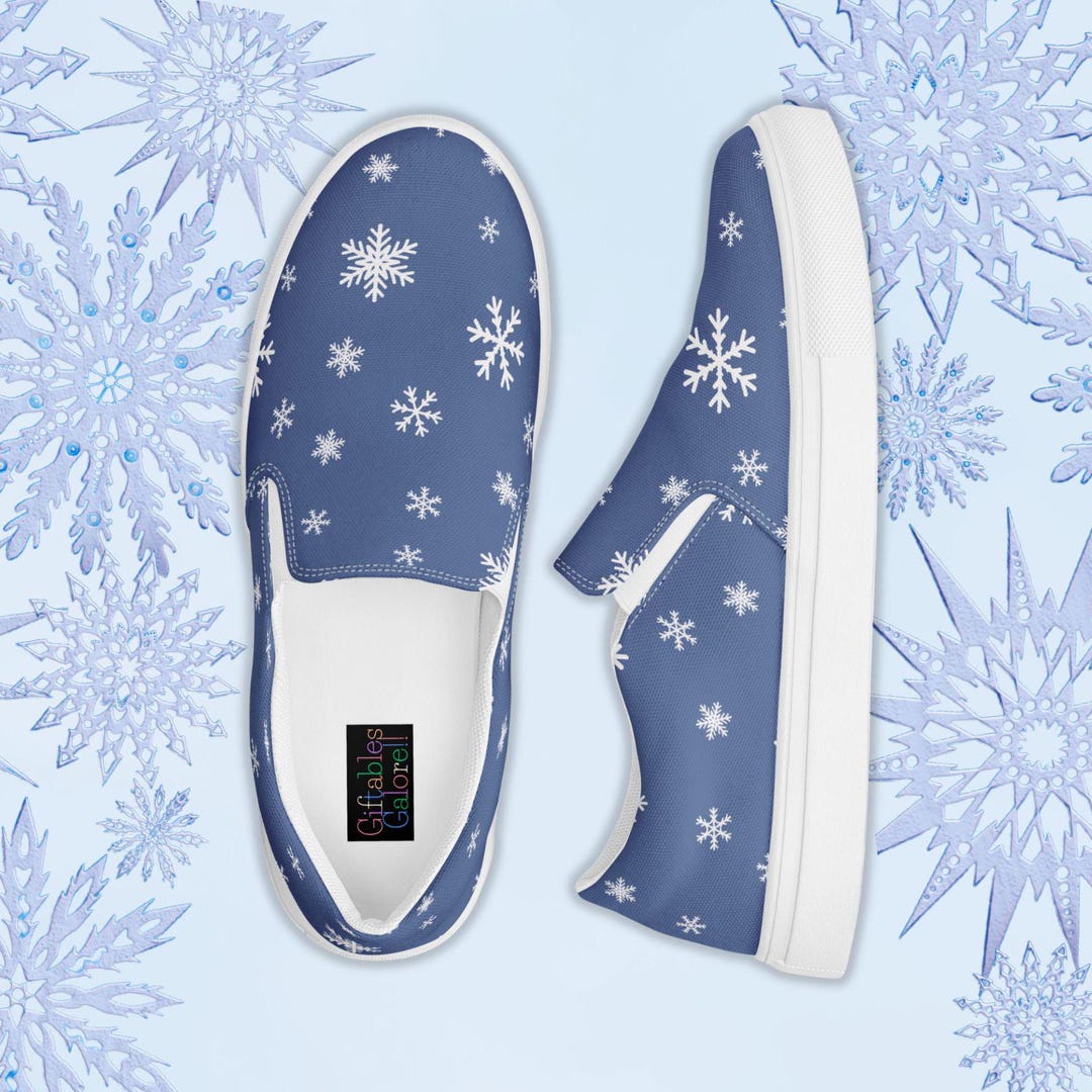 Icy Blue Christmas Slip on Sneakers - Festive Snowflake Printed Canvas ...