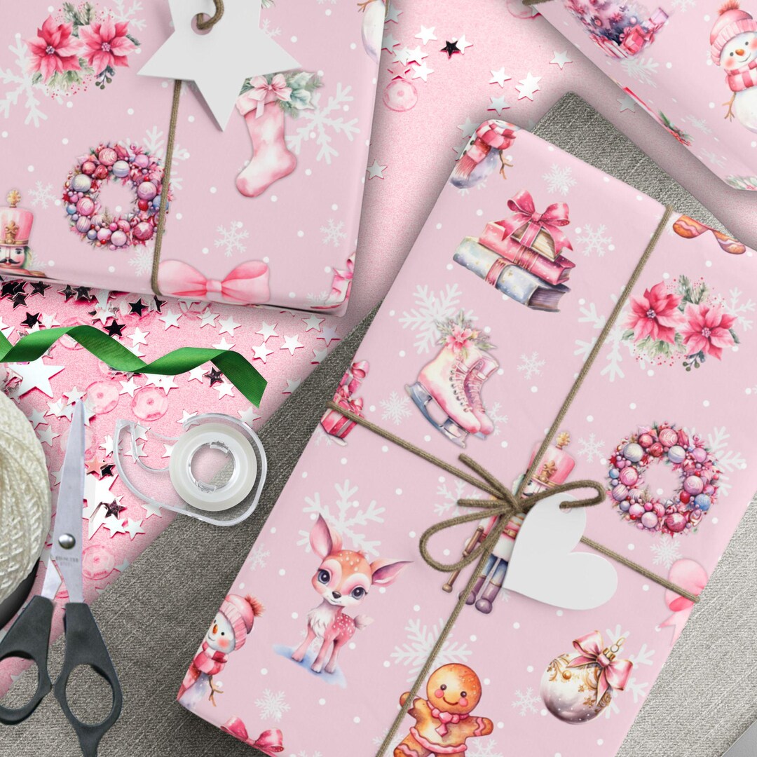Festive Pastel Pink Gift Wrap Paper Adorable Christmas Wrapping Paper ...