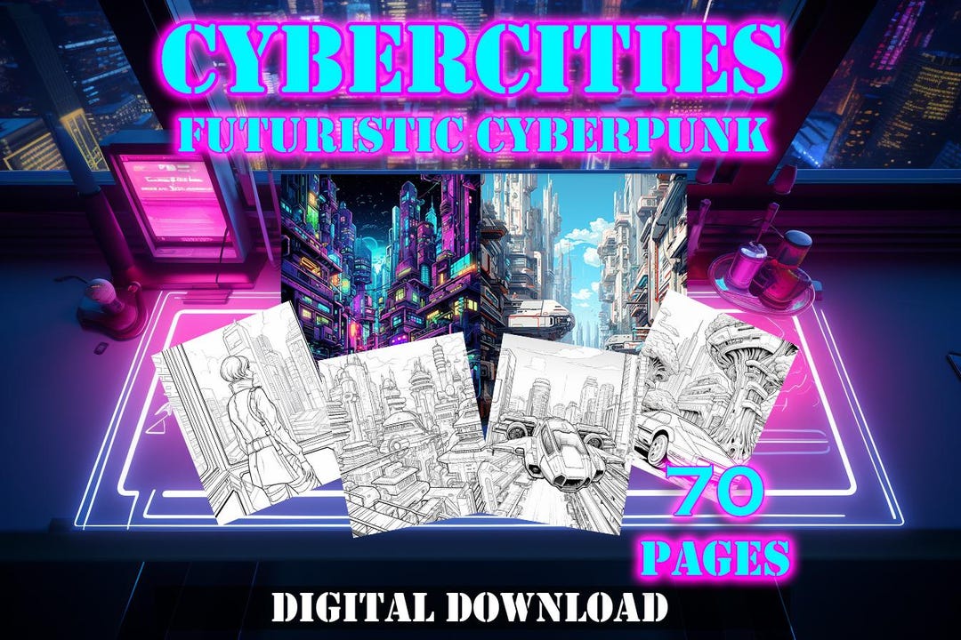 Cyberpunk City Coloring Book: 70 Futuristic Architecture Pages (digital ...
