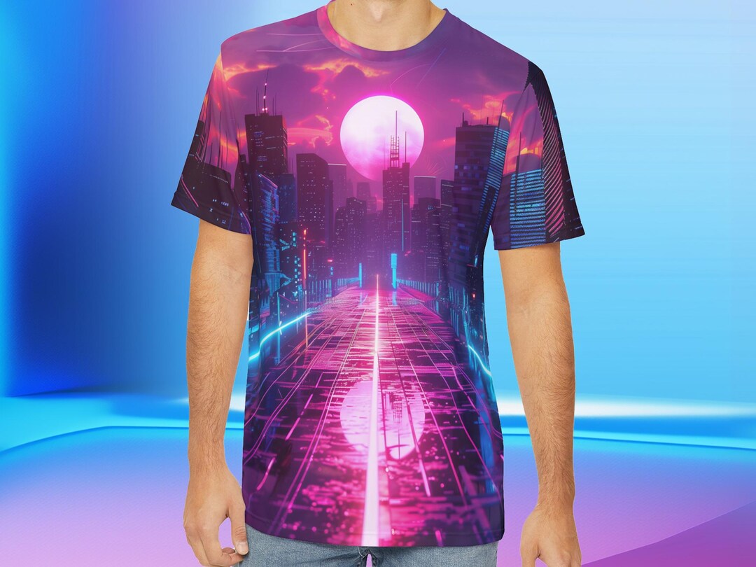 Neon Future City Synthwave Scifi Soft AOP T-shirt Vibrant Retro ...