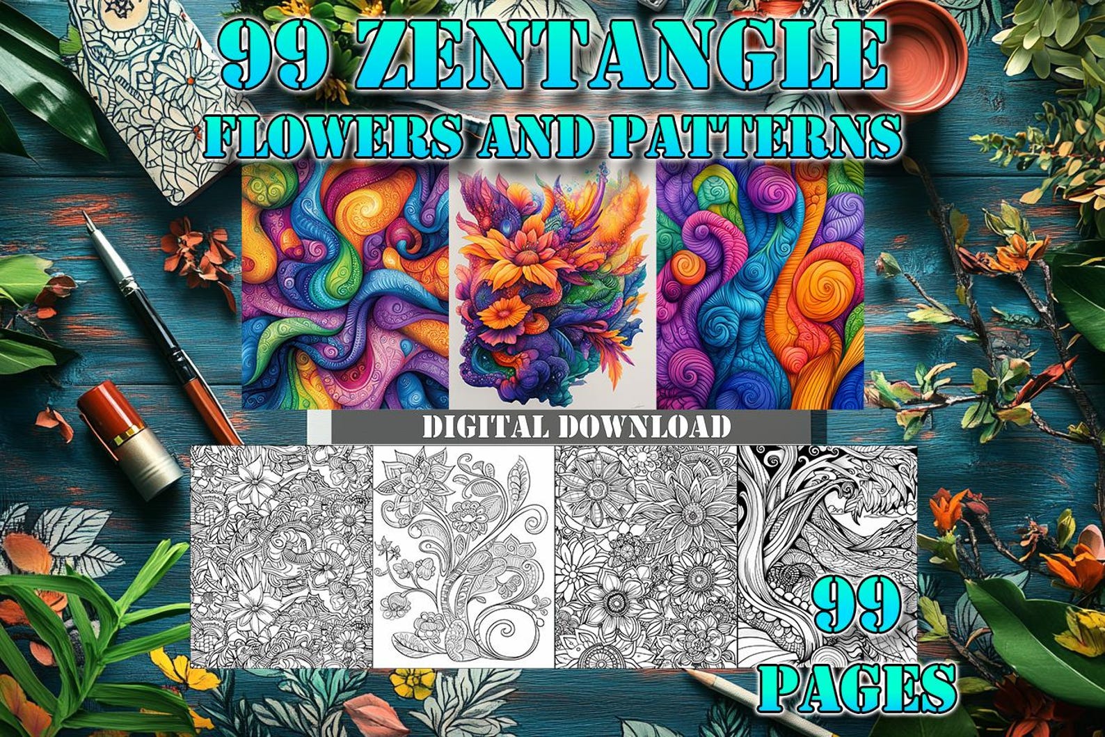 99 Zentangle Floral Coloring Pages | Abstract Art (PDF Pattern) - Etsy