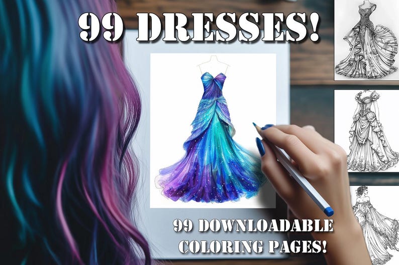 99 Dresses Coloring Book | Elegant Gowns, Printable Fashion Design ...