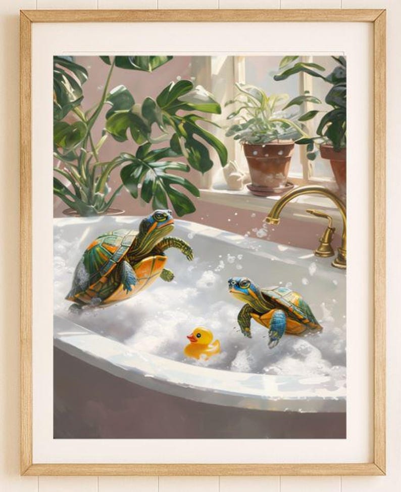 Playful Turtles in Bathtub- Digital Art Print- Bathroom Art (instant ...