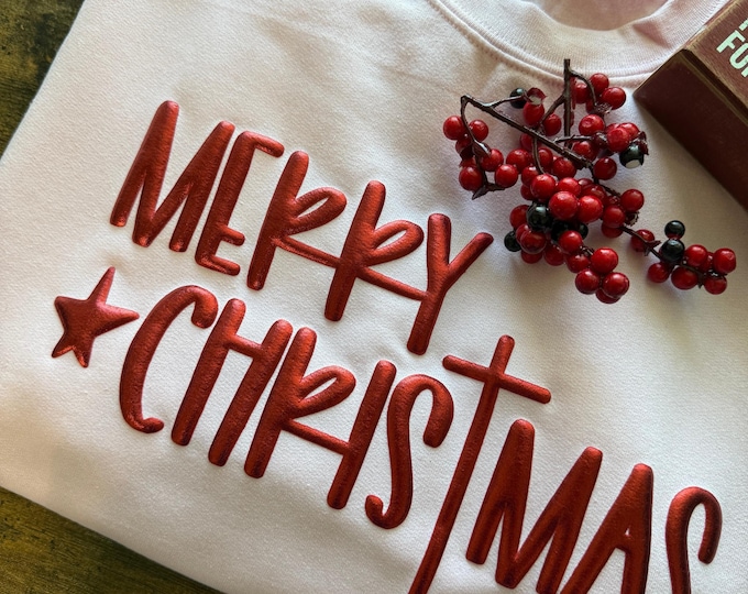 Merry Christmas 3D Puff Red Metallic Crewneck - Etsy