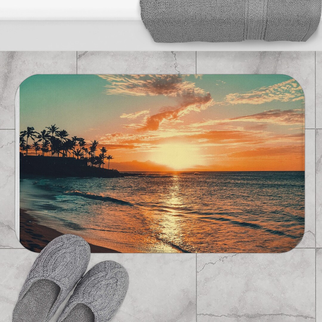 Sunset Ocean Bath Mat , Coastal Bathroom Decor , Non-slip Beach Theme ...