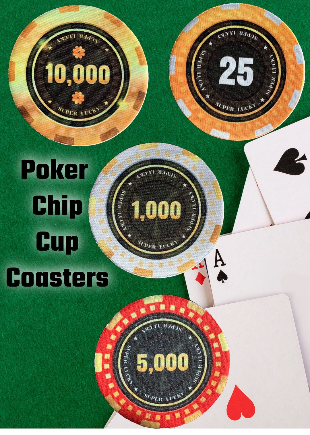 Poker Chip Neoprene Cup Coasters, Set of 4, Man Cave Accessories ...