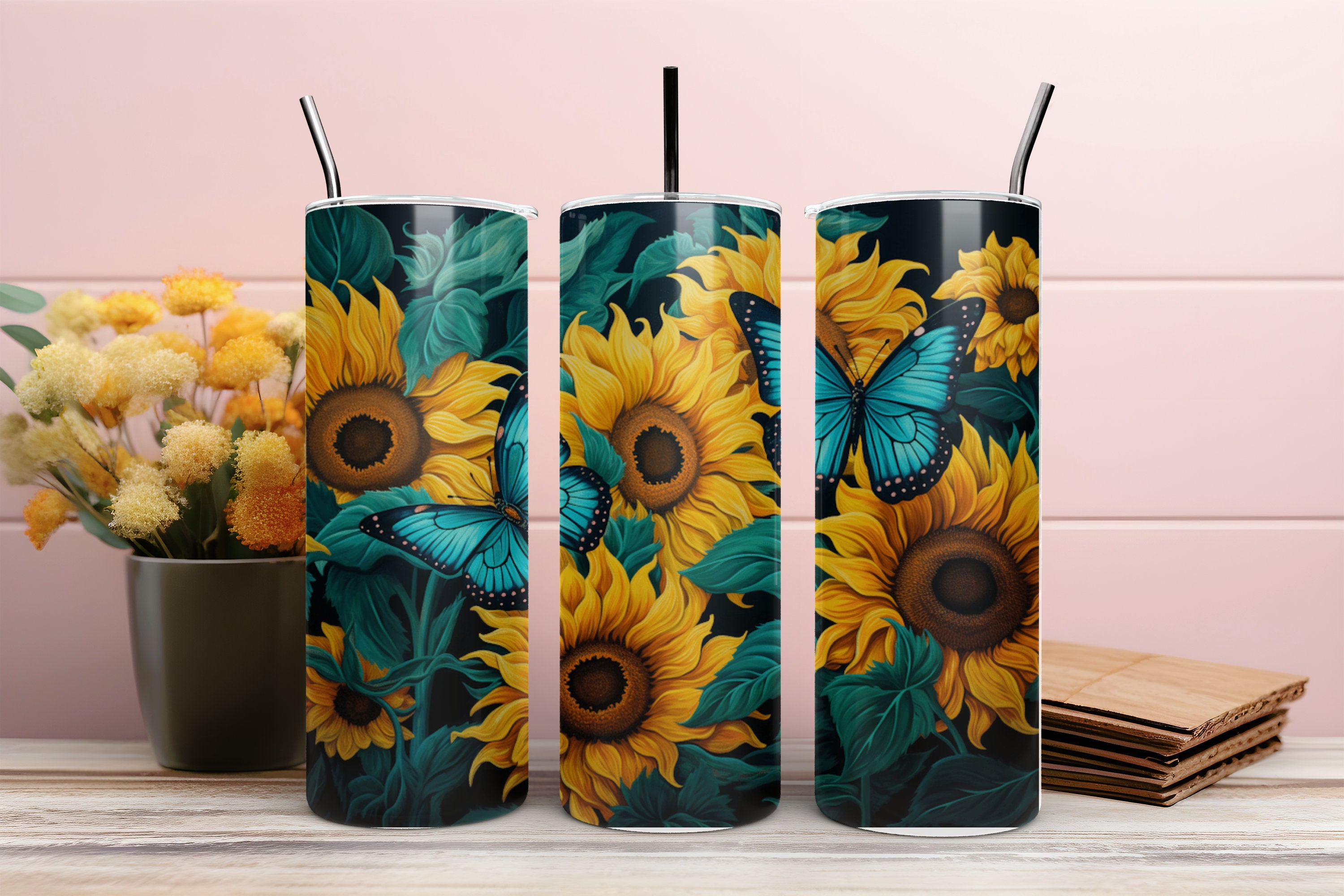 Sunflower Butterfly Tumbler Wrap Design, 20 Oz Sublimation (PNG Digital ...
