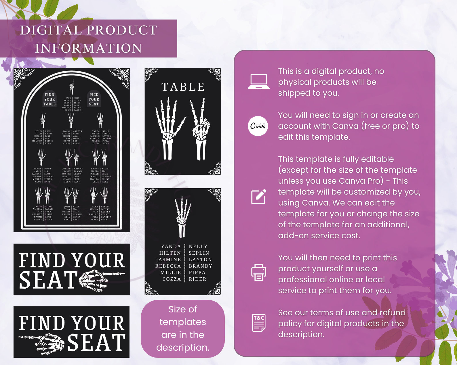 Editable Gothic Seating Chart Gothic Wedding Decor Wedding Sign Seating ...