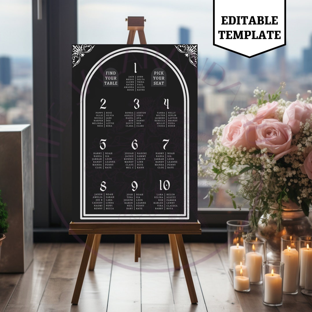 Black Gothic Wedding Seating Chart Goth Wedding Seating Arrangement ...