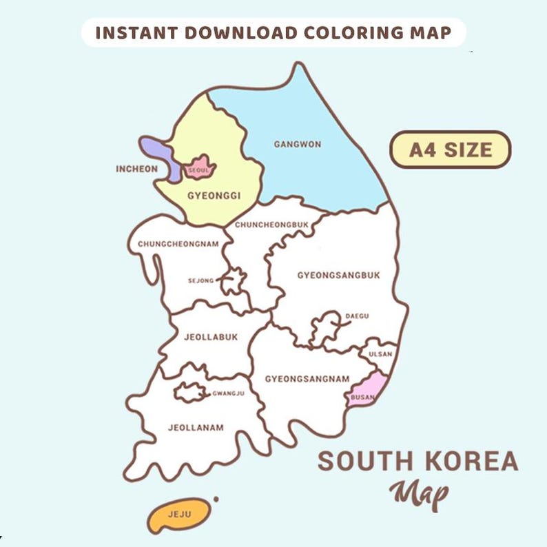 South Korea Coloring Map, Printable Coloring Map (A4 Digital Download ...