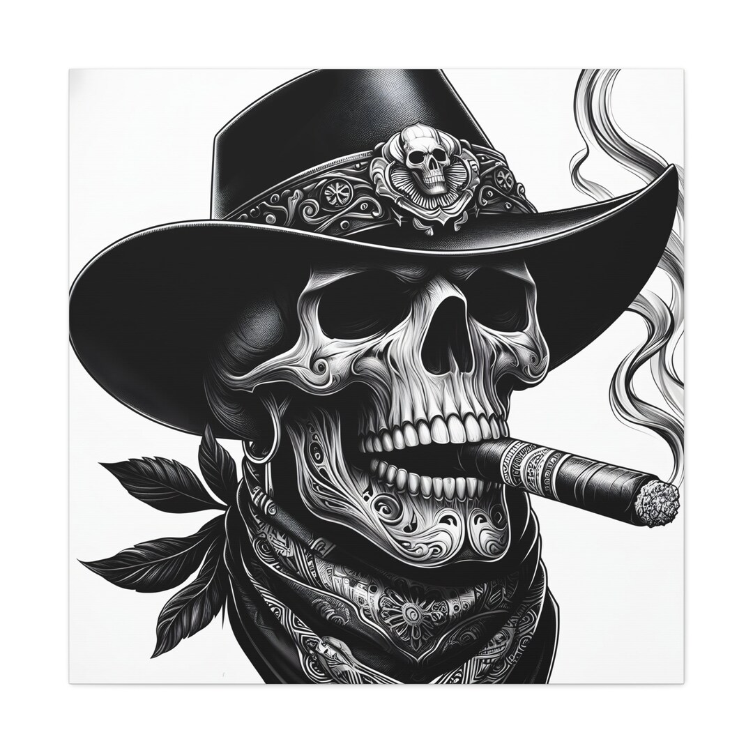 Western Outlaw Cigar Smoking Skull Canvas Gallery Wrap Etsy