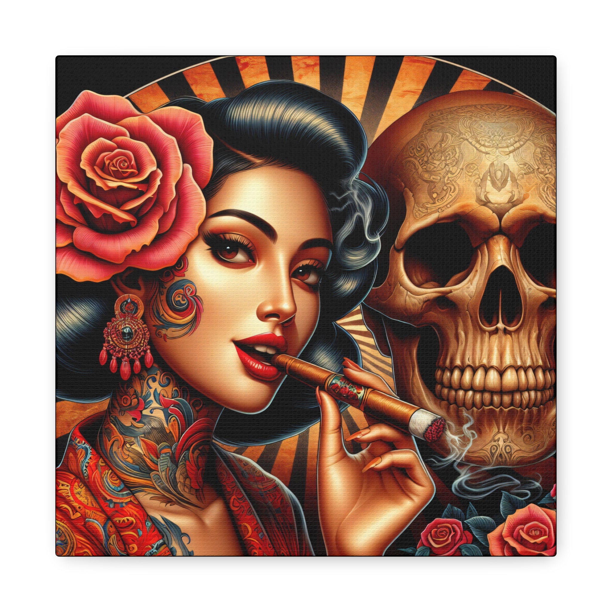 Pinup Girl Cigar Smoking Skull Canvas Gallery Wrap - Etsy