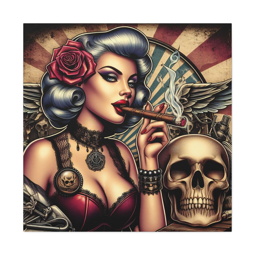 Pinup Girl Cigar Smoking Skull Canvas Gallery Wrap Etsy