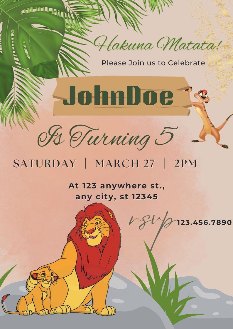Editable Lion King Birthday Invitation, Simba Themed Children Birthday ...