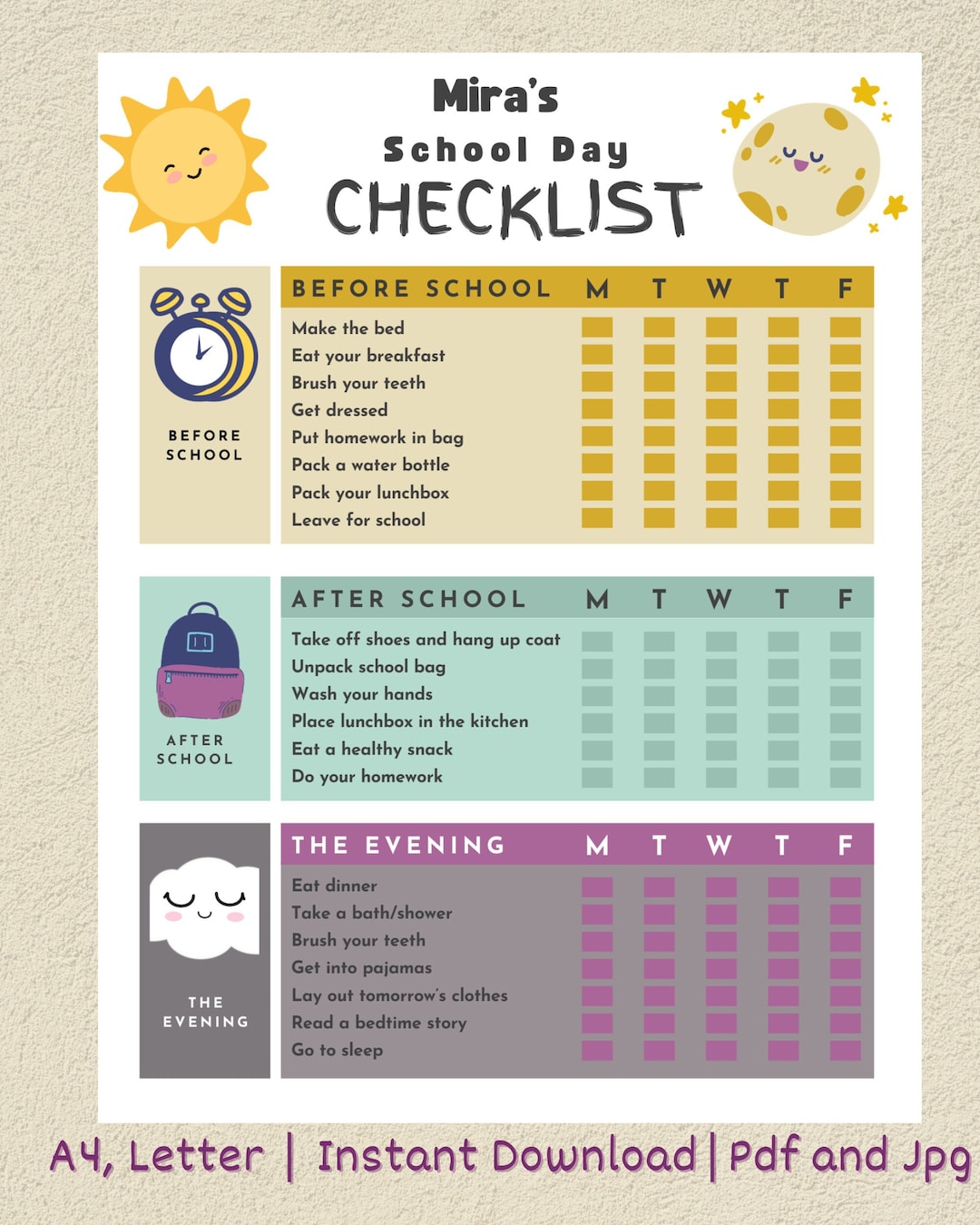 School Day Checklist for Kids Routine Checklist Kids Daily - Etsy
