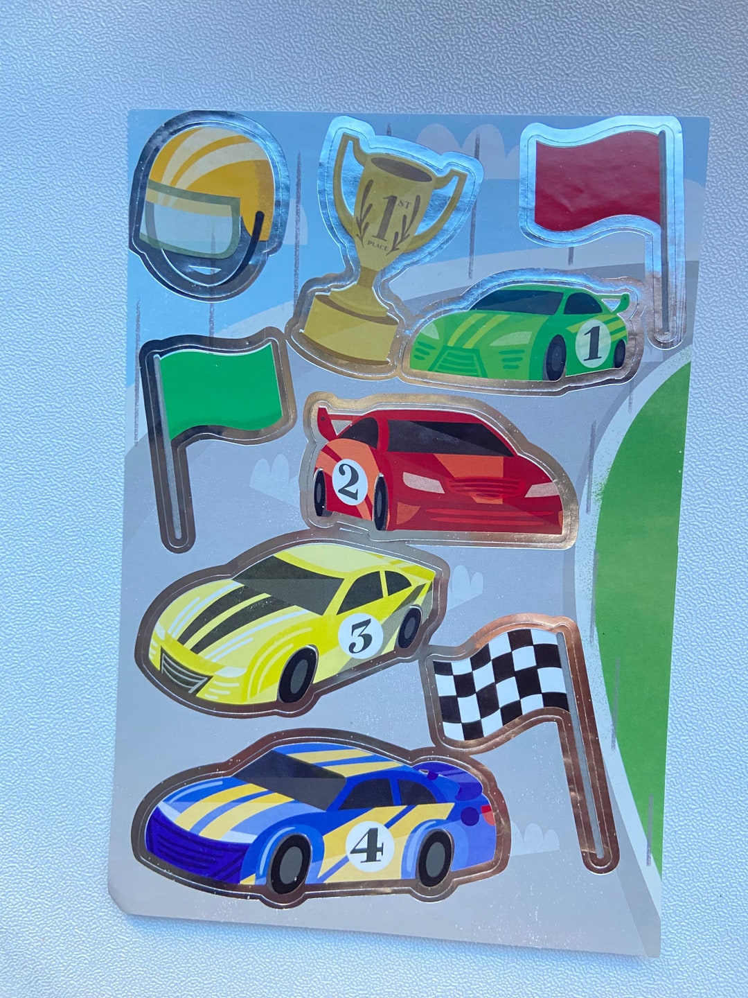 Racing Cars First Place Second Third Fourth Trophy Helmet Flag Checkers ...