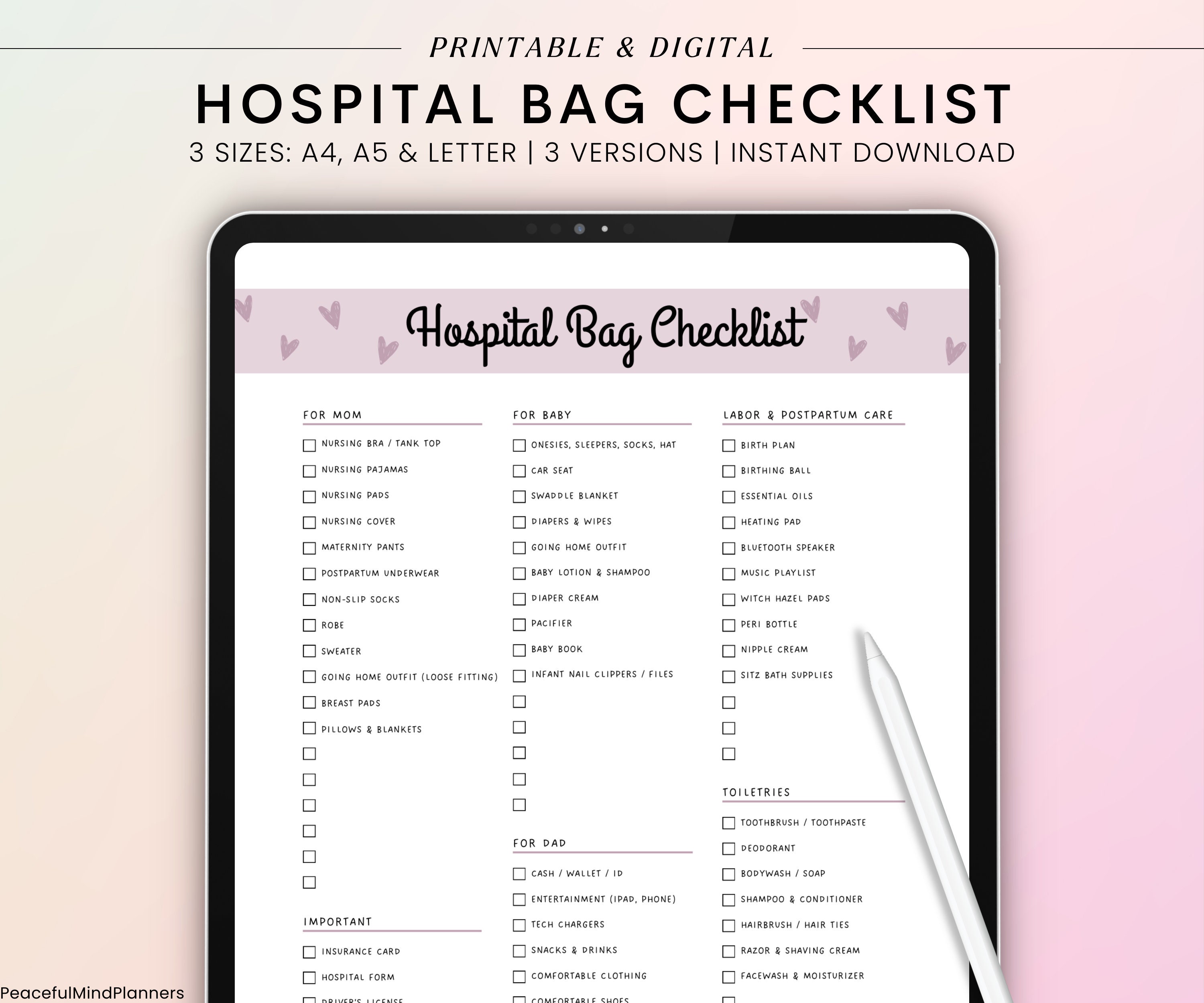 Hospital Bag Checklist Printable, Labor and Delivery Checklist, Birth ...