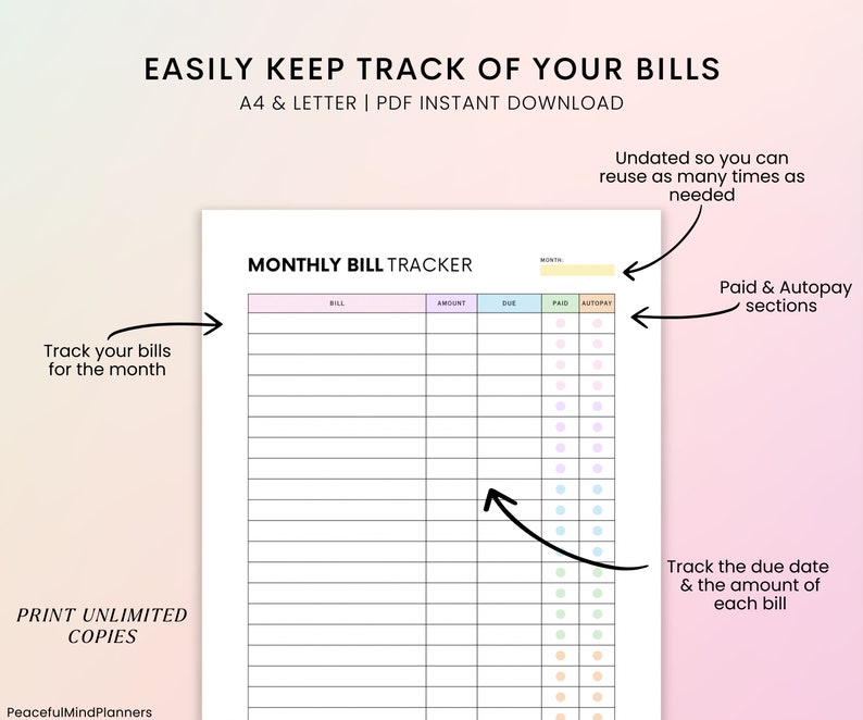 Bill Tracker Printable, Monthly Bill Tracker Printable, Bill Payment ...