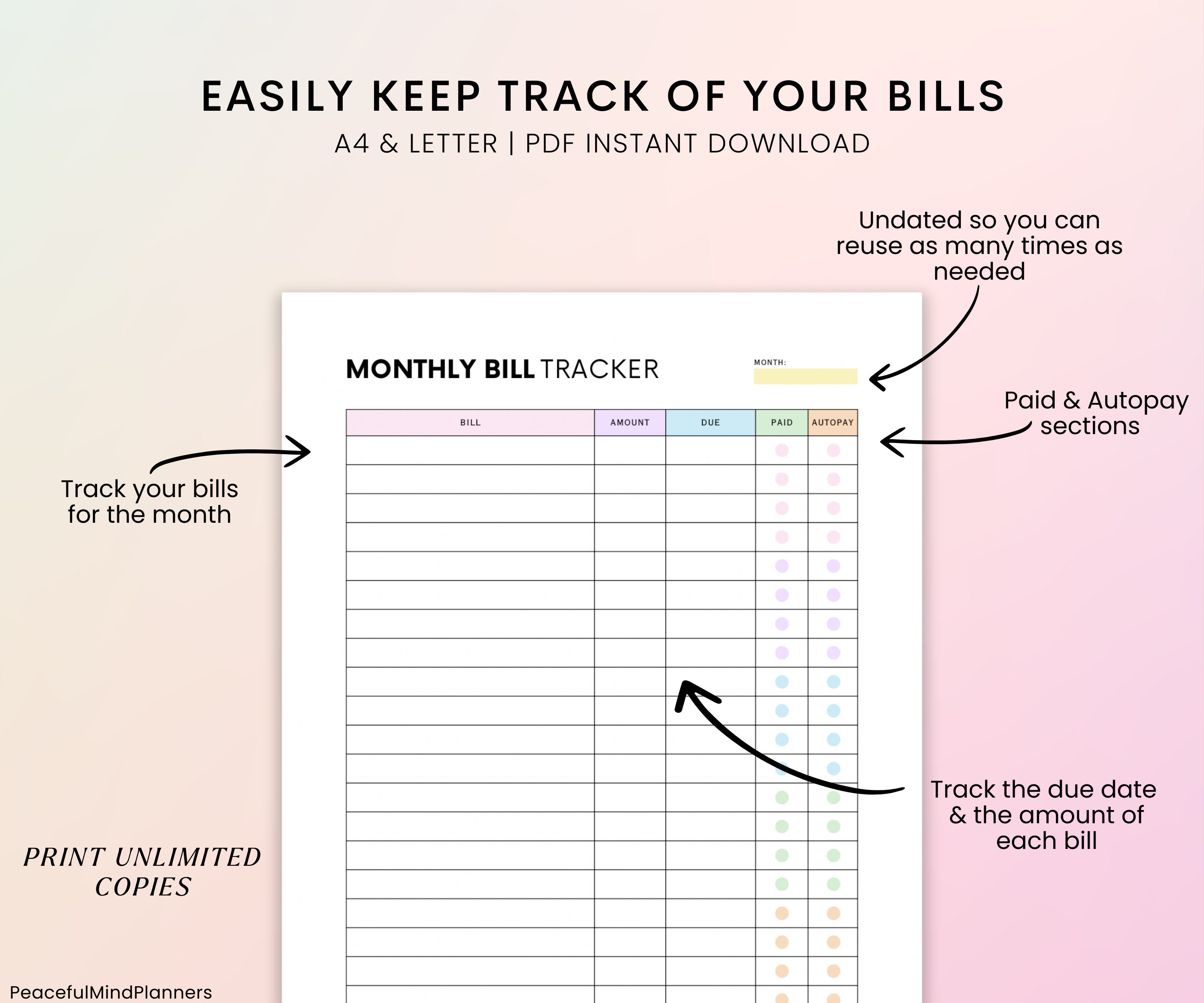 Bill Tracker Printable, Monthly Bill Tracker Printable, Bill Payment ...