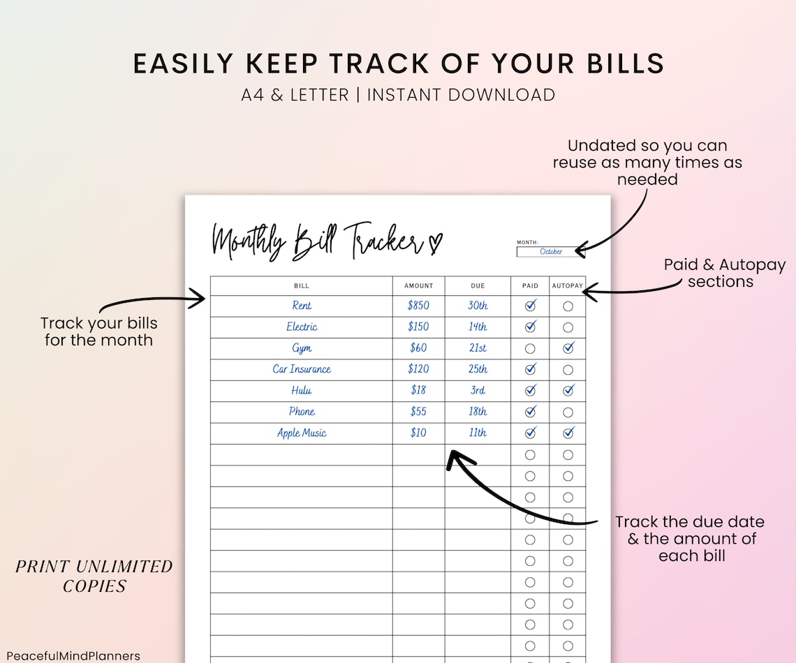 Bill Tracker, Monthly Bill Tracker Printable, Digital Bill Tracker ...