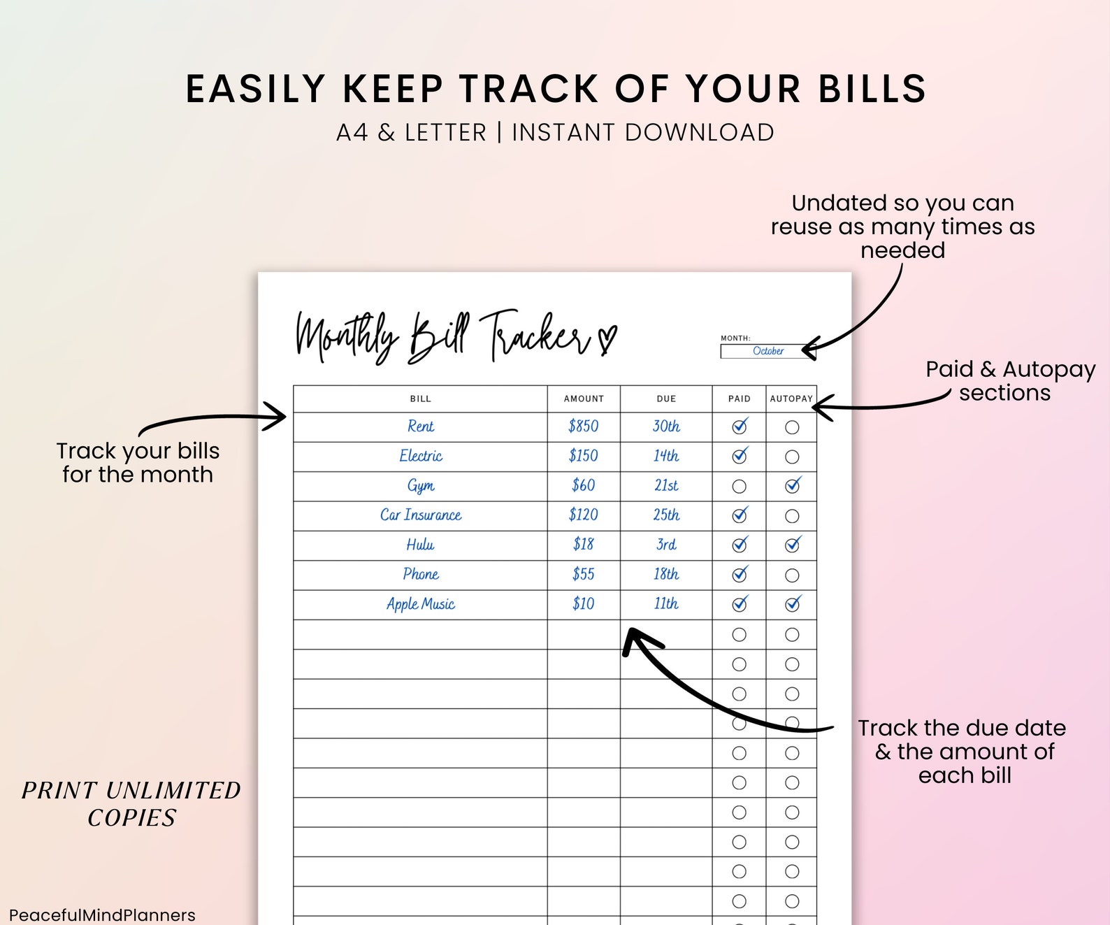 Bill Tracker, Monthly Bill Tracker Printable, Digital Bill Tracker ...
