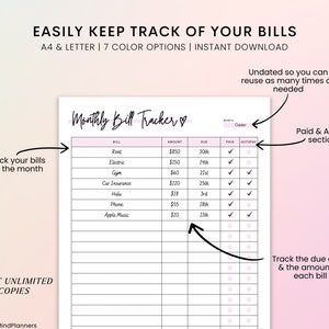 Bill Tracker, Monthly Bill Tracker Printable, Digital Bill Tracker ...