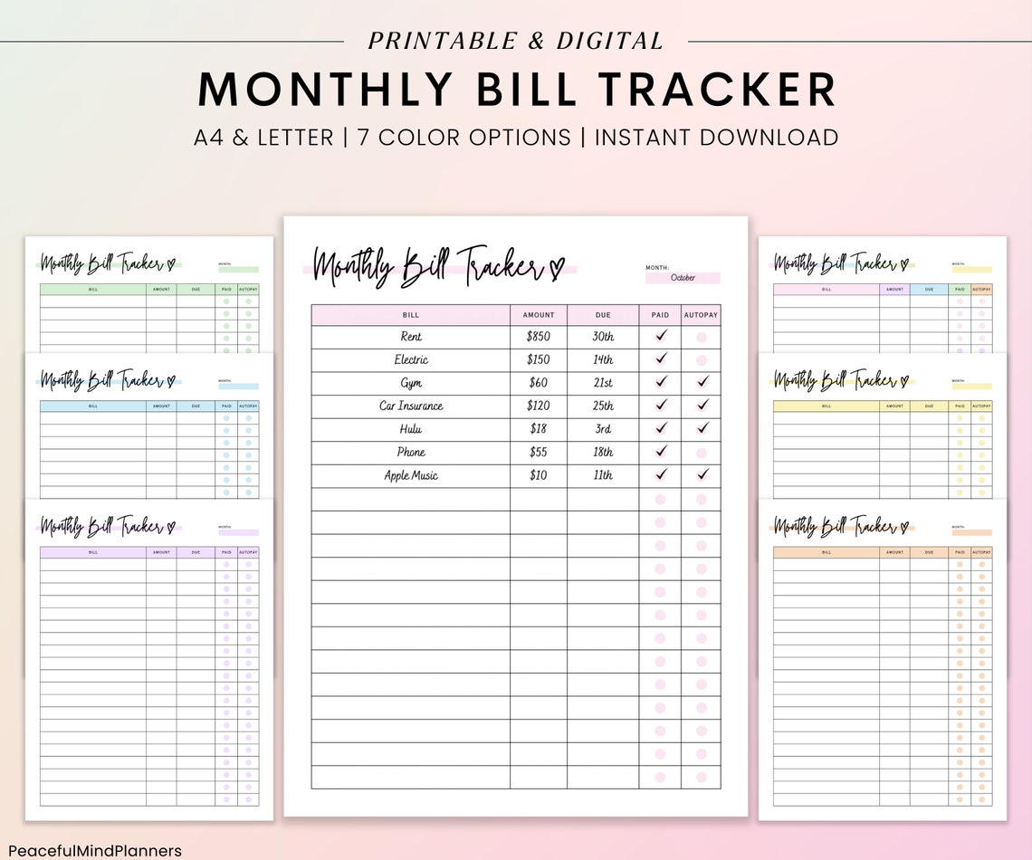 Bill Tracker, Monthly Bill Tracker Printable, Digital Bill Tracker ...