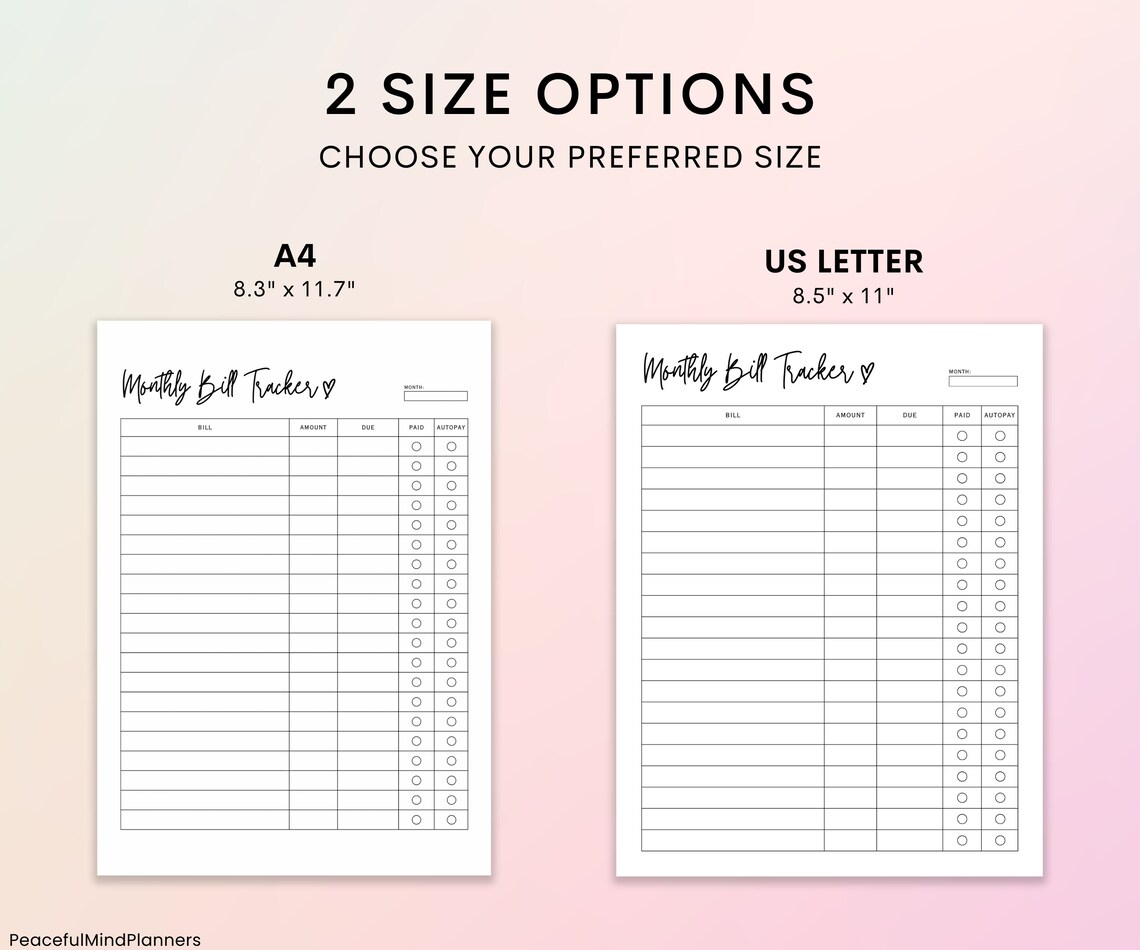 Bill Tracker Monthly Bill Tracker Printable Digital Bill - Etsy