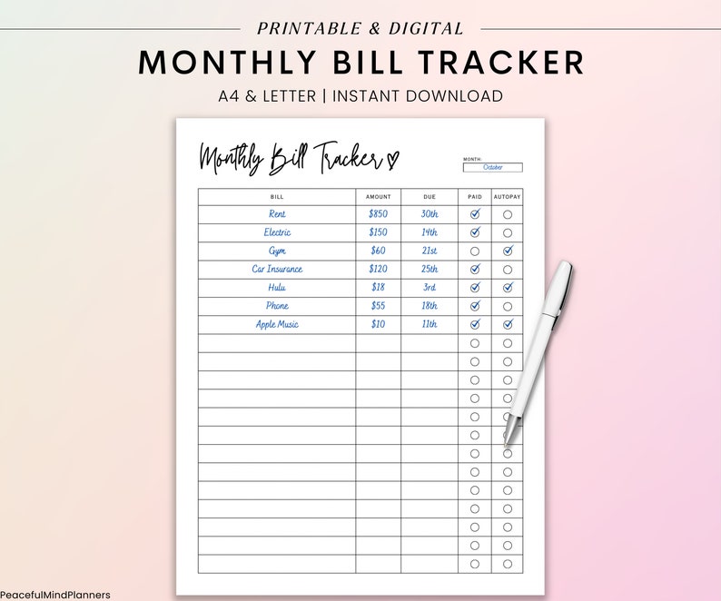 Bill Tracker, Monthly Bill Tracker Printable, Digital Bill Tracker ...